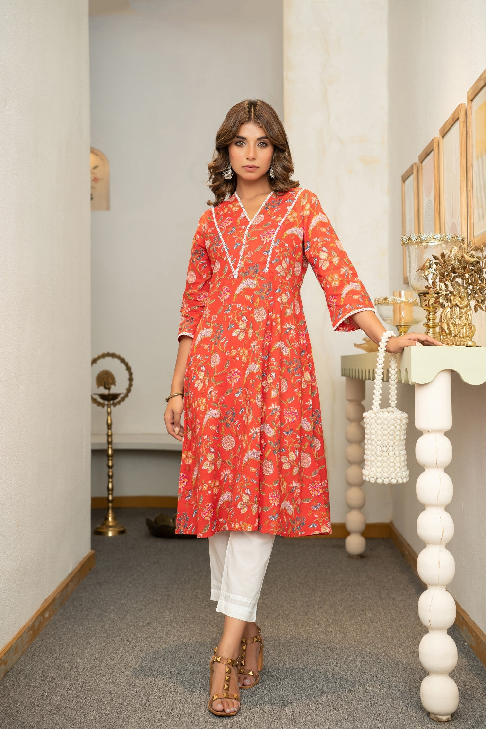 Floral red cotton kurta set